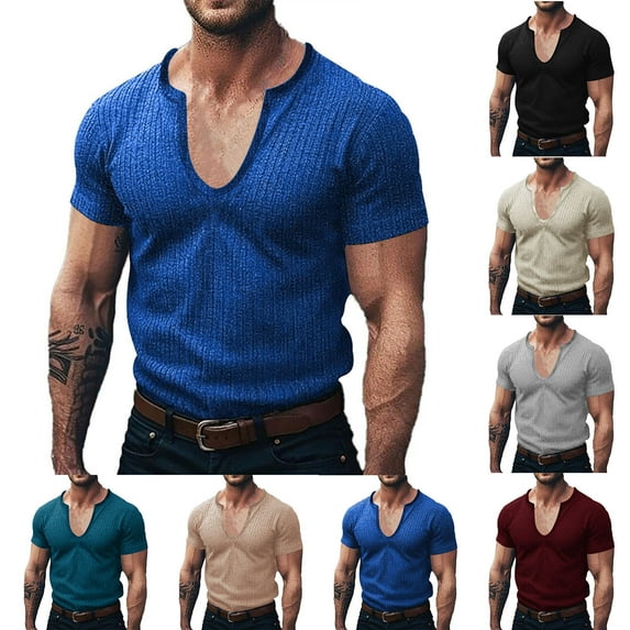 Afuyipoi Men's V-Neck Knit T-Shirt,Athletic Fit Short Sleeve Breathable ...