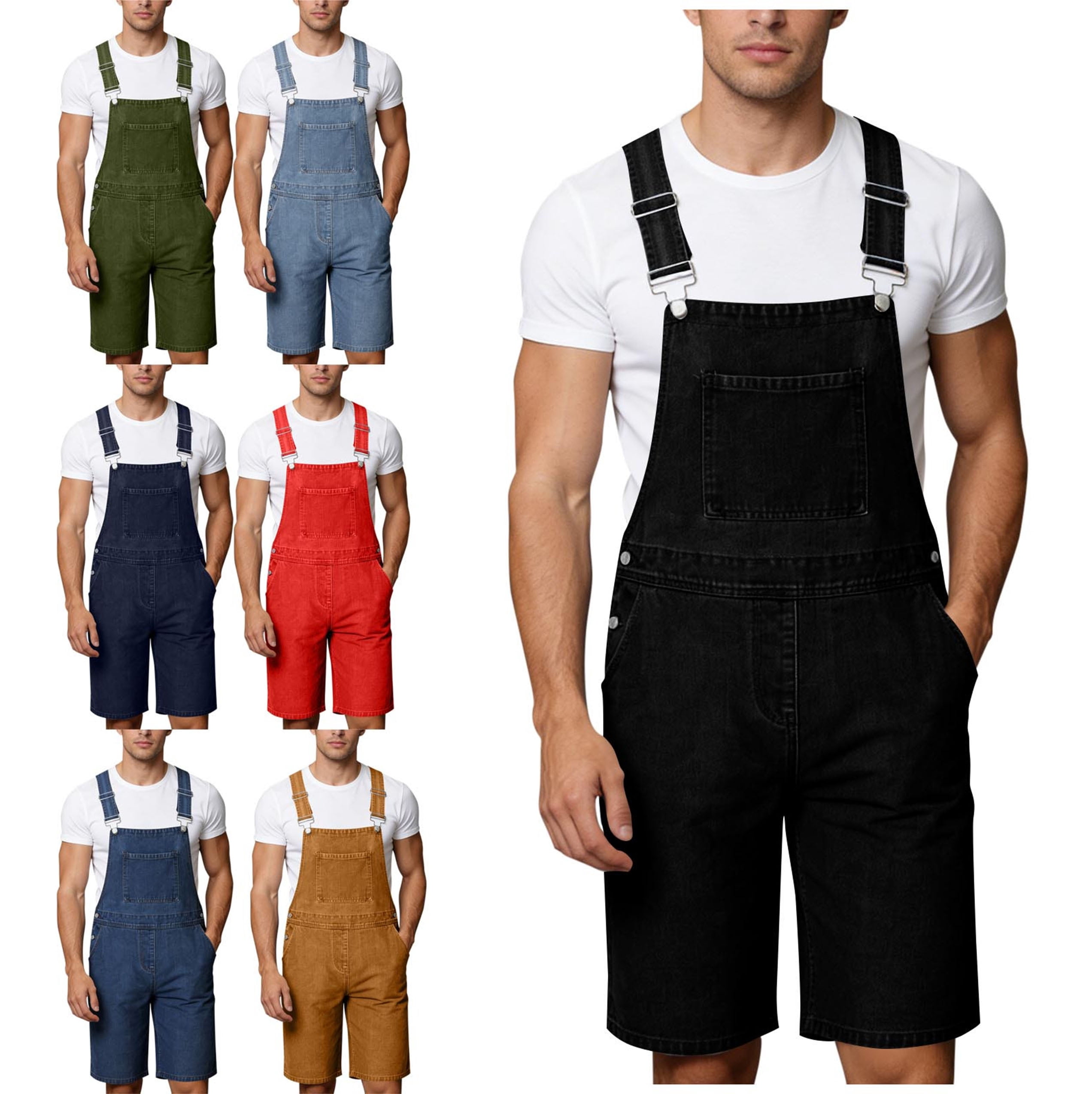 Afuyipoi Men's Washed Denim Overalls Shorts, with Chest Pocket Workwear ...