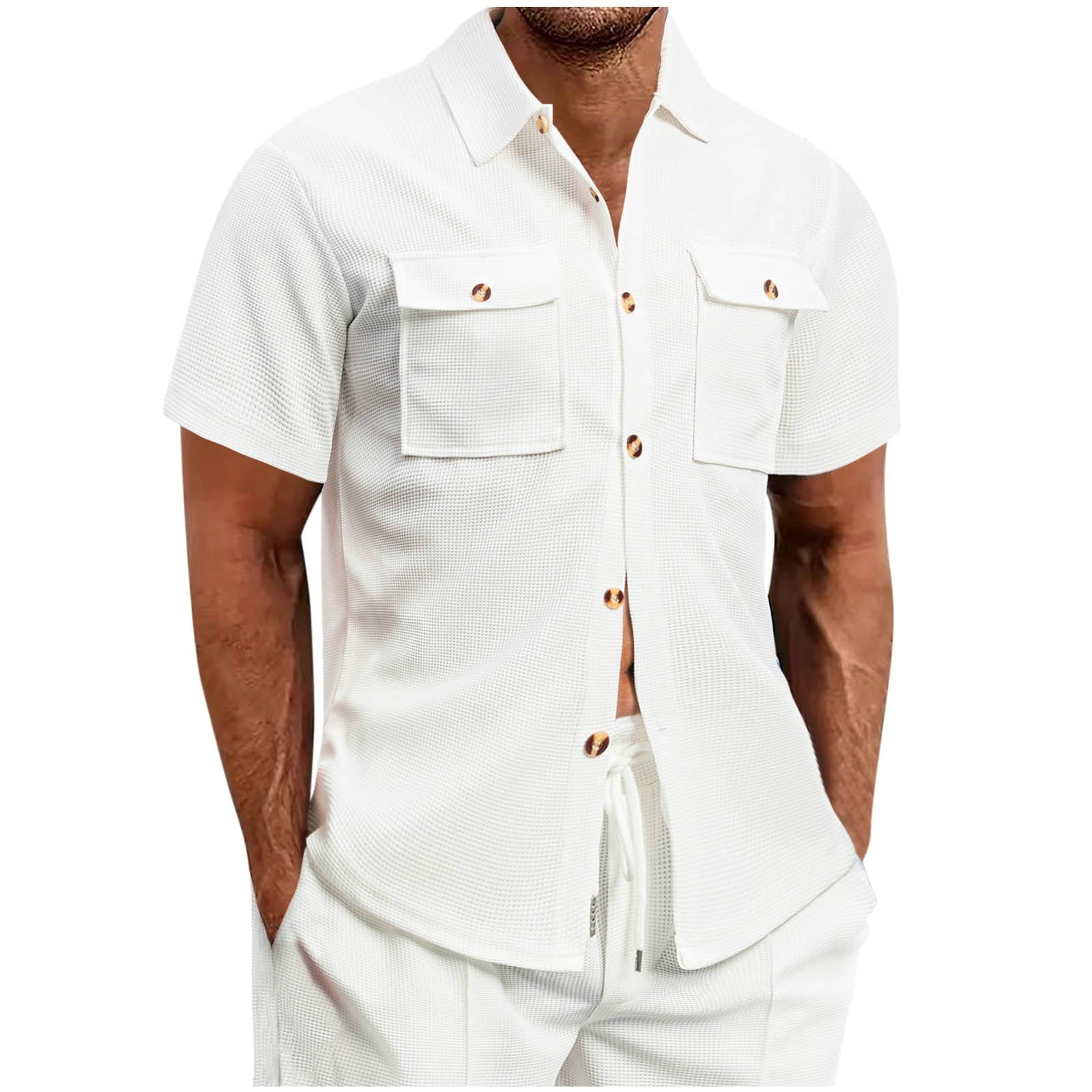 Afuyipoi Mens Button Down Shirts, Solid Color Cargo Shirts with Chest Pockets Short Sleeve ...