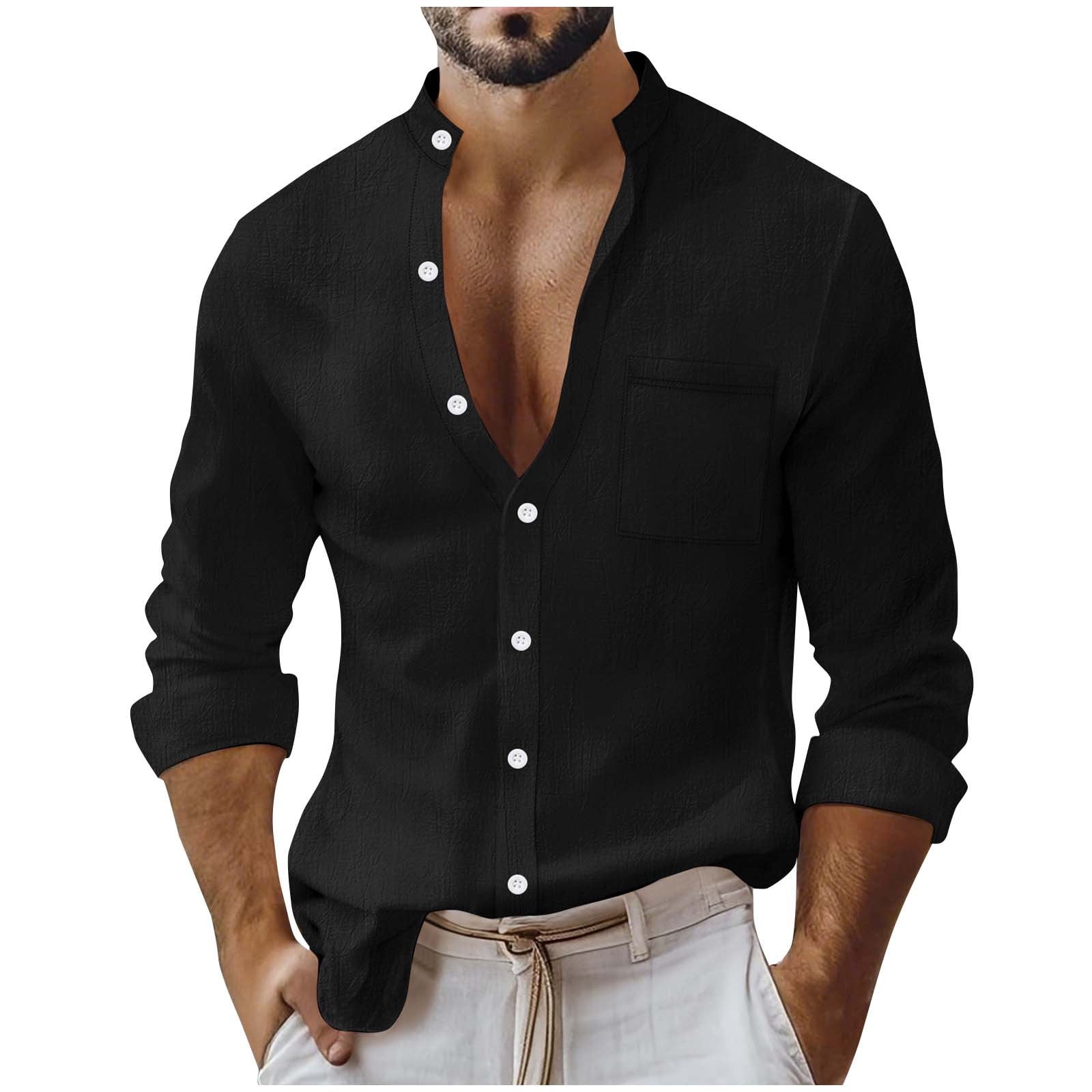 Afuyipoi Mens Casual Solid Button Up Shirt,Pockets Work Cotton Long ...