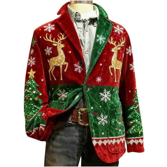 Afuyipoi Mens Christmas Blazer, Printed Long Sleeve Button Down Suit ...