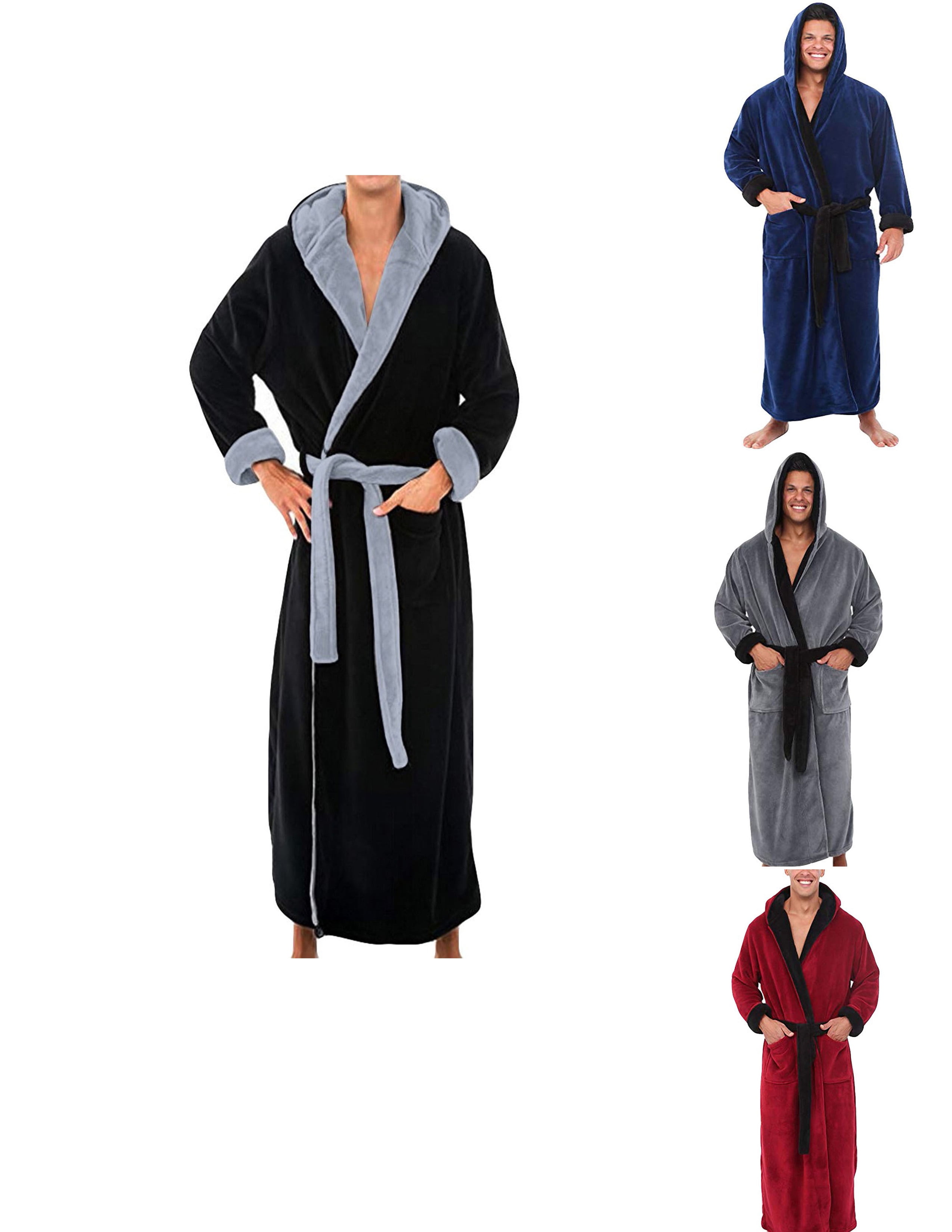 Afuyipoi Mens Plush Hooded Robe,Long Sleeved Warm With Pockets Fleece ...
