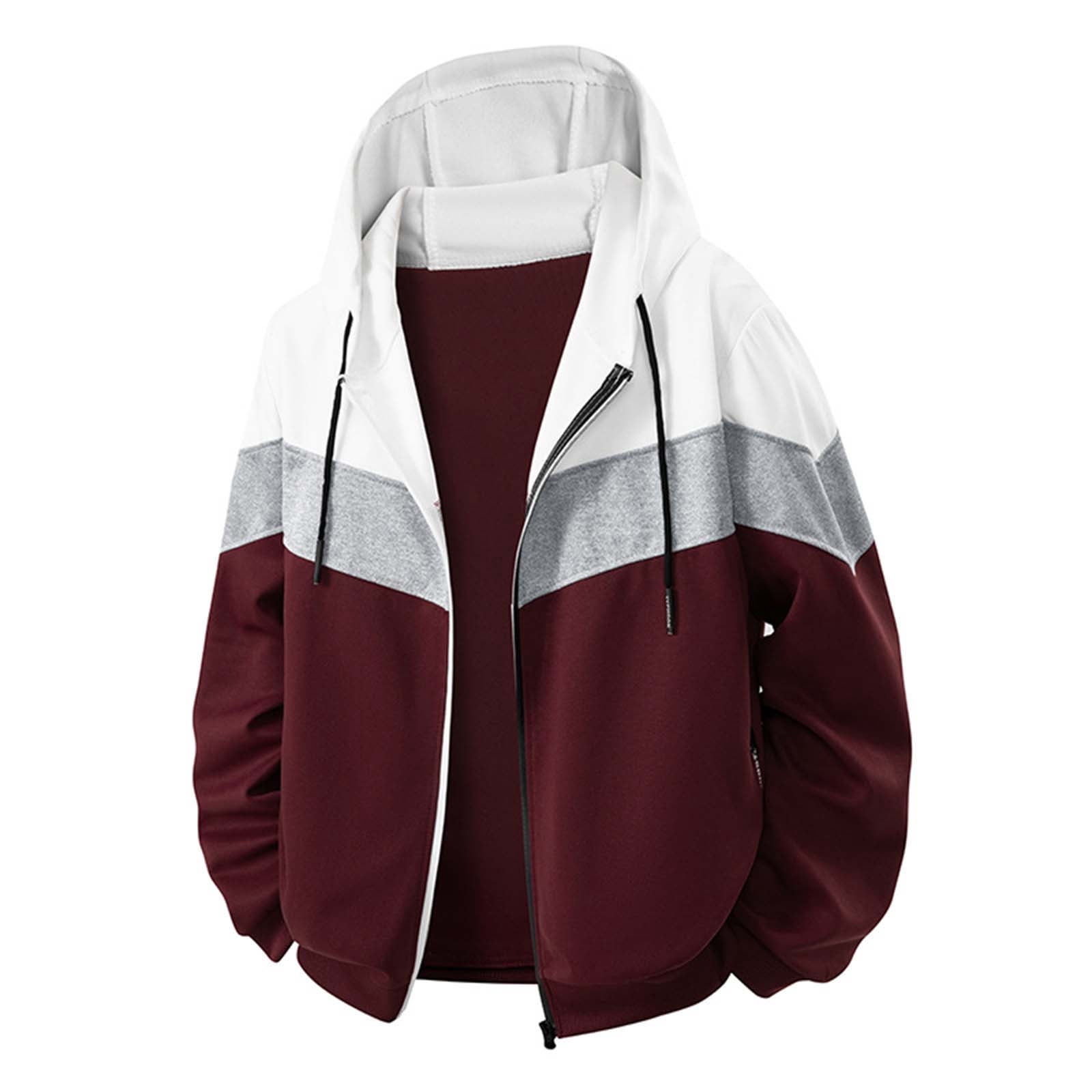 Afuyipoi Rain Jackets Men,Color Block Zipper Long Sleeved Hooded Casual ...