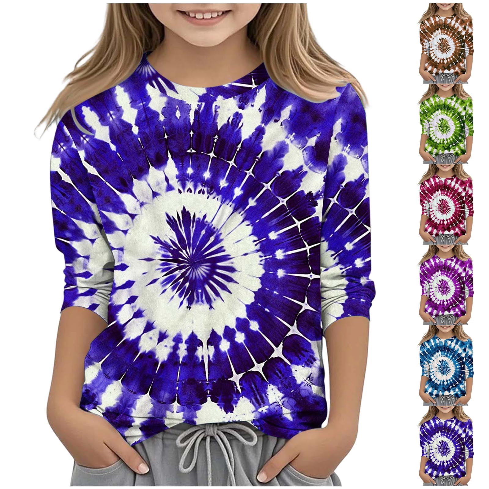 Afuyipoi Toddler Girls T-shirts(3-12), 3/4 Sleeve Round Neck Tie-dye ...