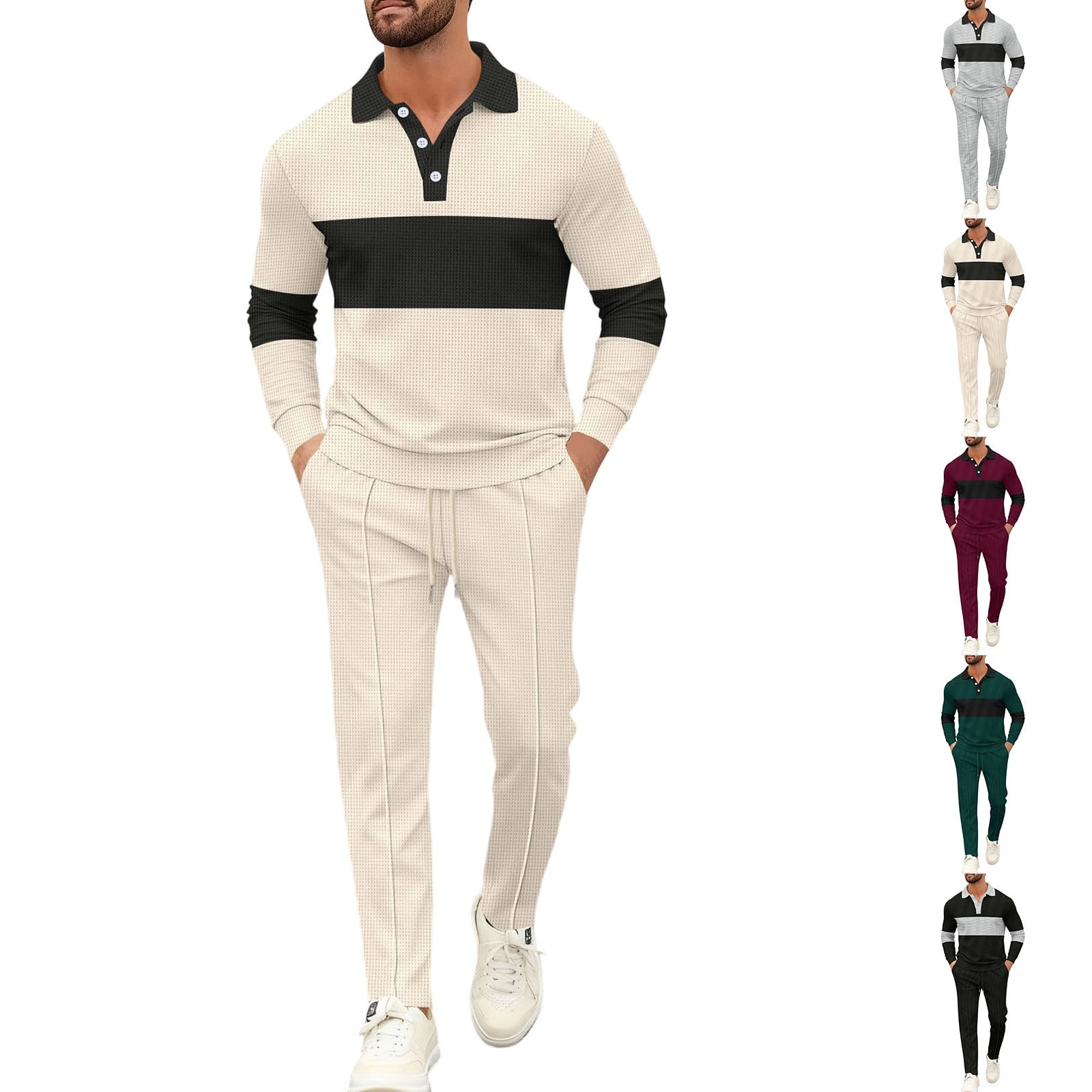 Afuyipoi Waffle Knit Outfit Sets Men, Elastic Waist Casual Long Sleeve ...