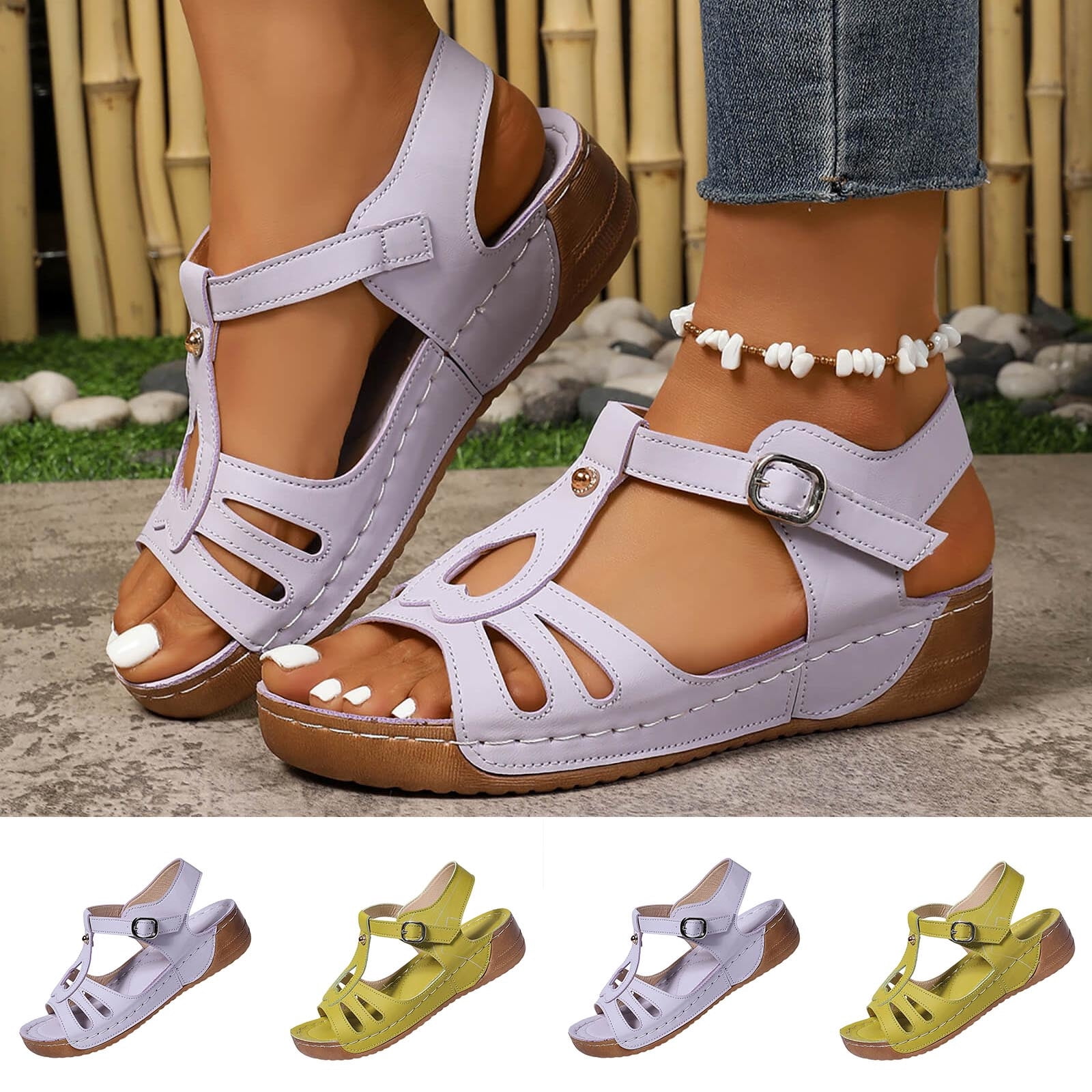 Afuyipoi Women's Buckle Wedge Sandals Fish Mouth Plus Size Comfortable ...