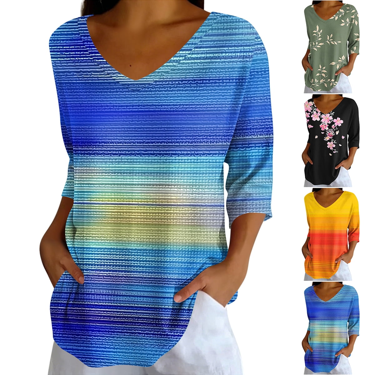Afuyipoi Women's Casual Striped V-Neck 3/4 Sleeve Loose Blouse Size S ...