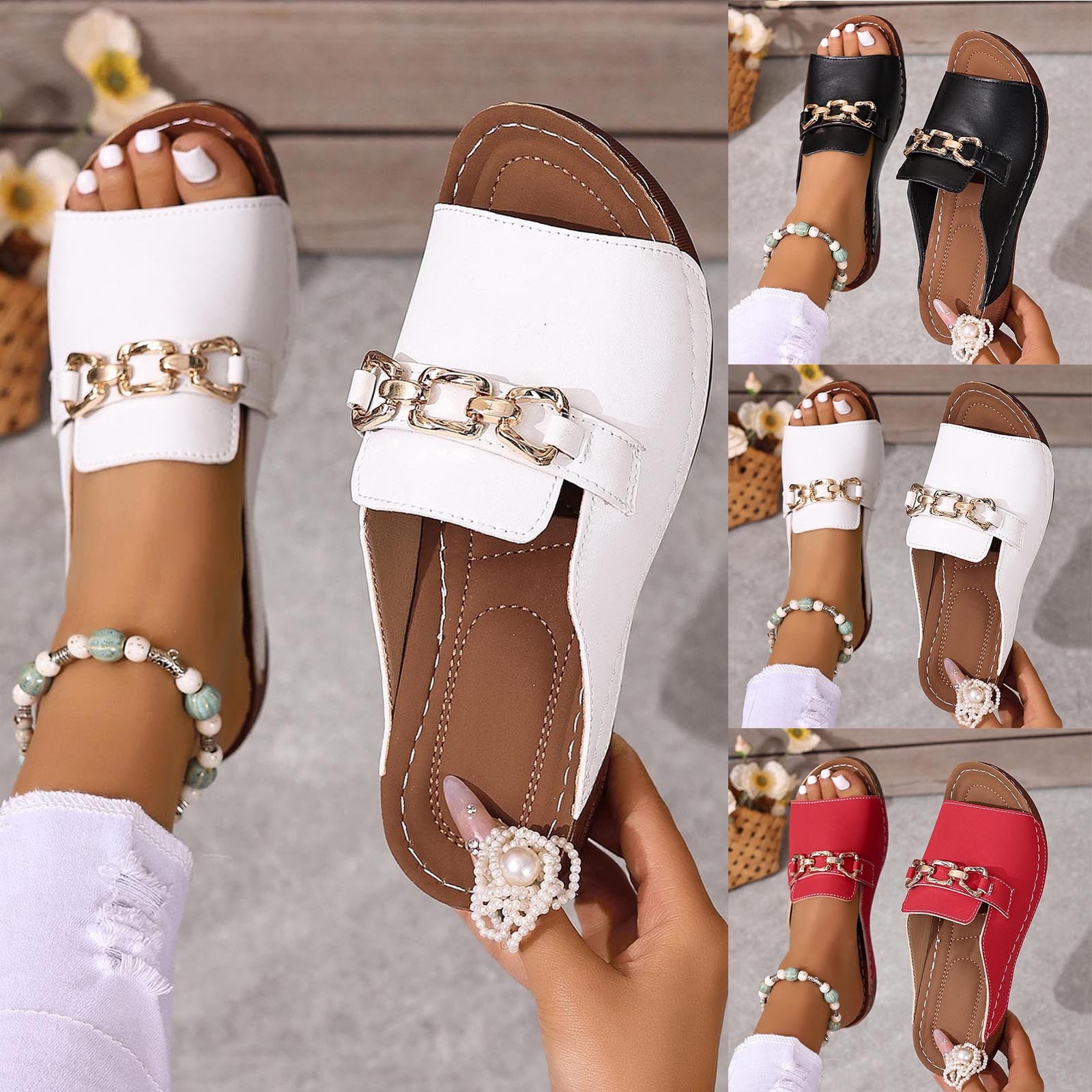 Afuyipoi Women's Chain Strap Slide Sandals Open Toe Wedge Heel Summer ...