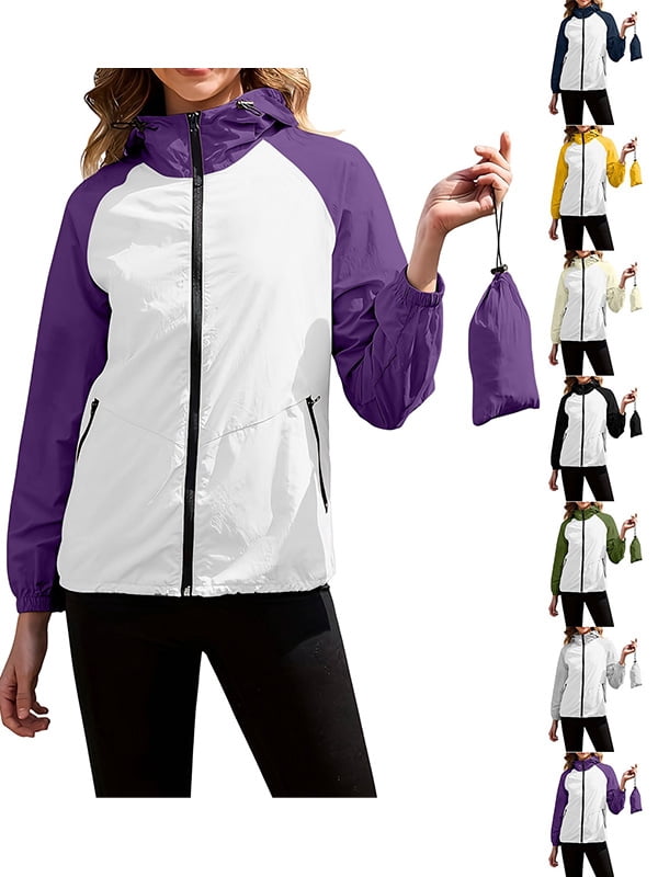 Afuyipoi Women's Color Block Hooded Windbreaker Jacket Waterproof Zip ...
