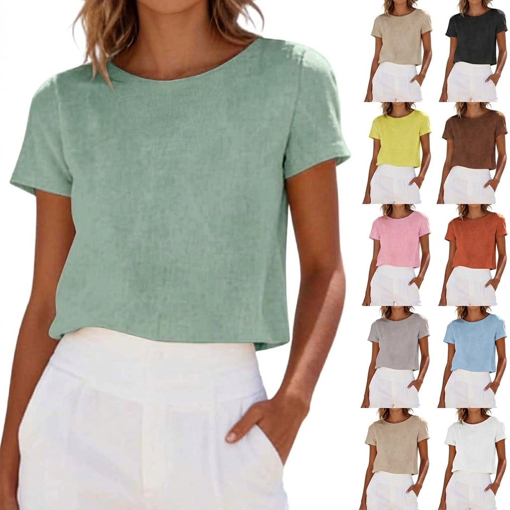 Afuyipoi Women's Cotton Linen Short Sleeve T-shirt, Summer Round Neck ...