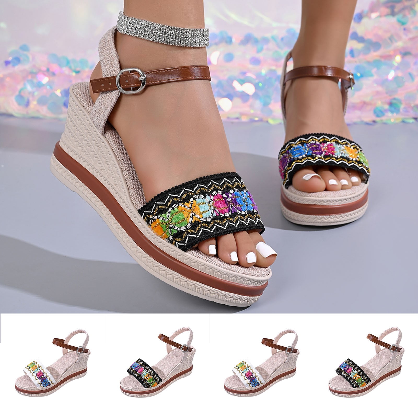 Afuyipoi Women's Embroidered Wedge Sandals Ethnic Bohemian Ankle Strap ...