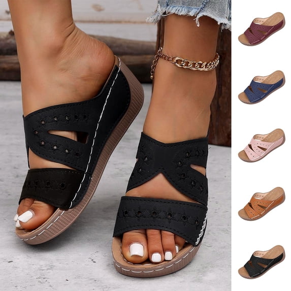 Afuyipoi Women's Embroidered Wedge Slide Sandals Open Toe Thick Sole ...