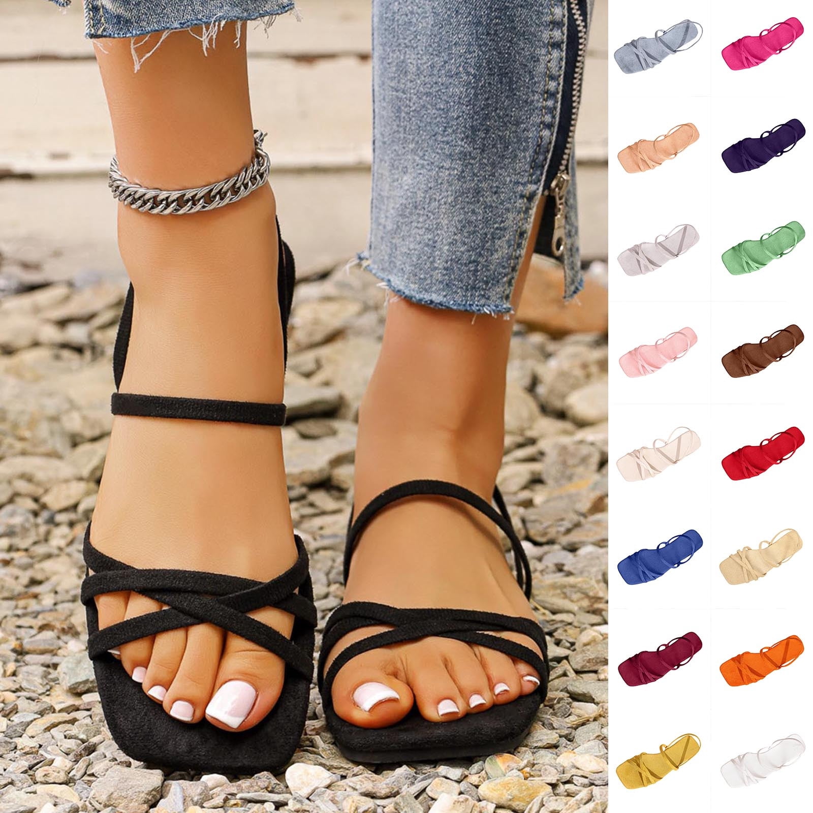 Afuyipoi Women's Flat Sandals One Strap Thin Plus Size Comfortable ...