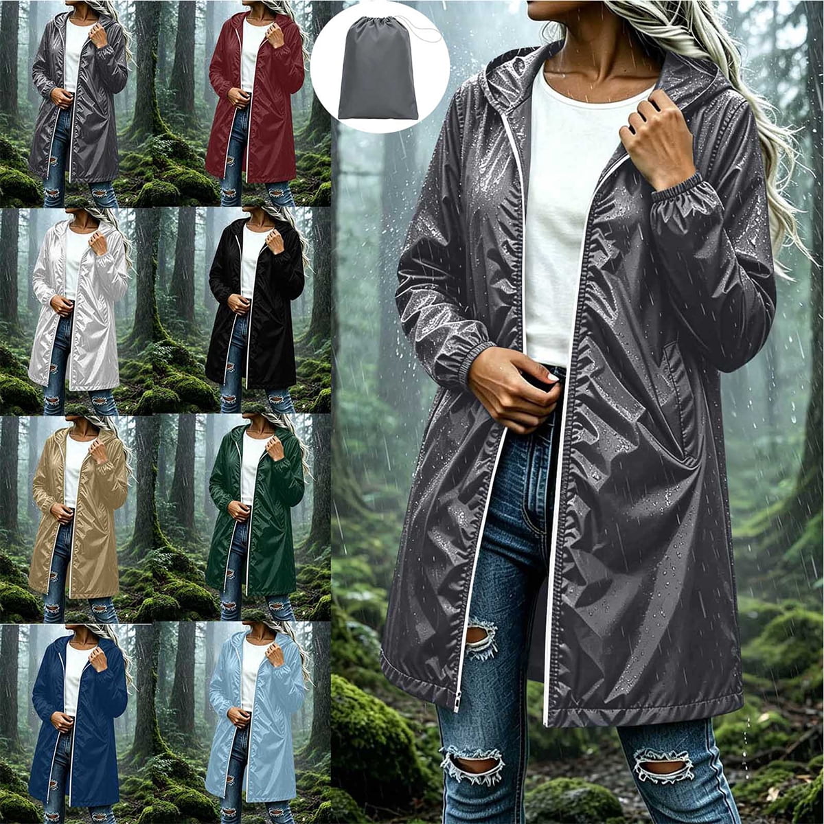 Afuyipoi Women's Hooded Rain Jacket Waterproof Windproof Long Sleeve ...