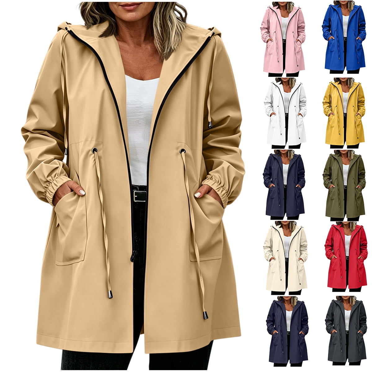 Afuyipoi Women's Hooded Windbreaker Jacket Zipper Pockets Elastic Waist ...