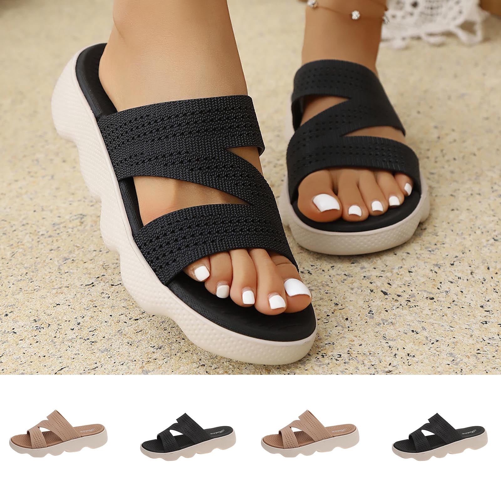Afuyipoi Women's Knit Slide Sandals Open Toe Plus Size Comfortable ...