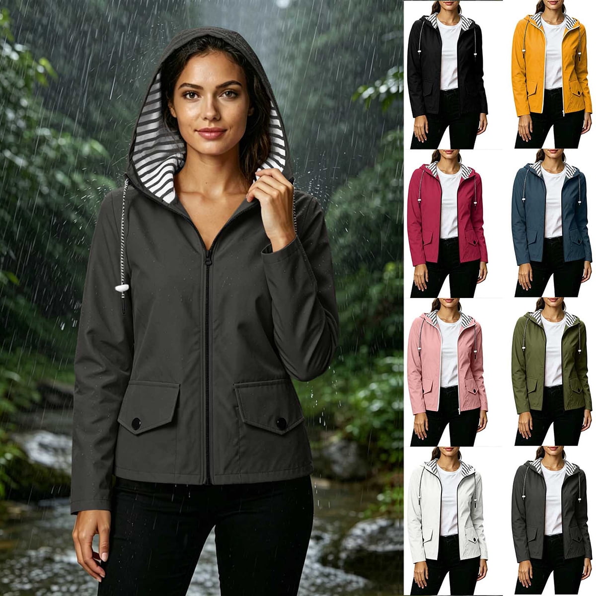 Afuyipoi Women's Lightweight Hooded Jacket Solid Color Waterproof ...