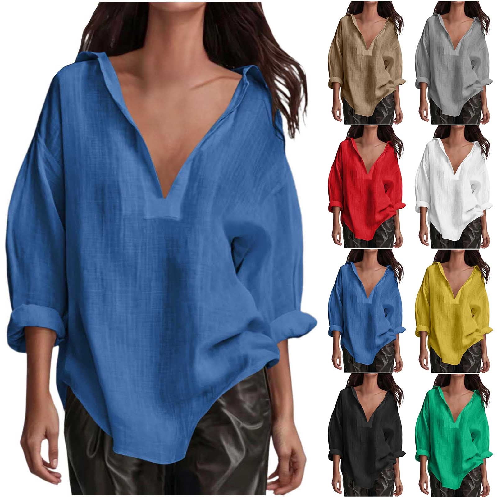 Afuyipoi Women's Linen Deep V-Neck Long Sleeve Casual Collar Top Size S ...