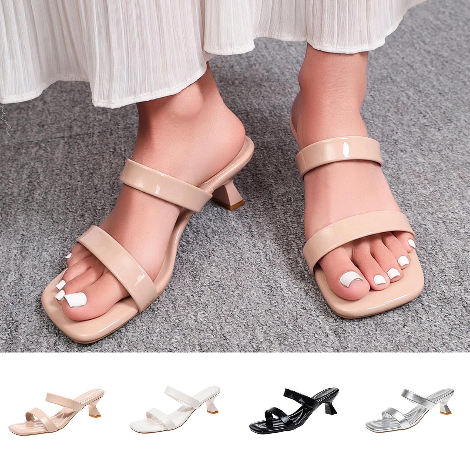 Afuyipoi Women's Low Heel Slide Sandals Patent Open Toe Summer Casual ...