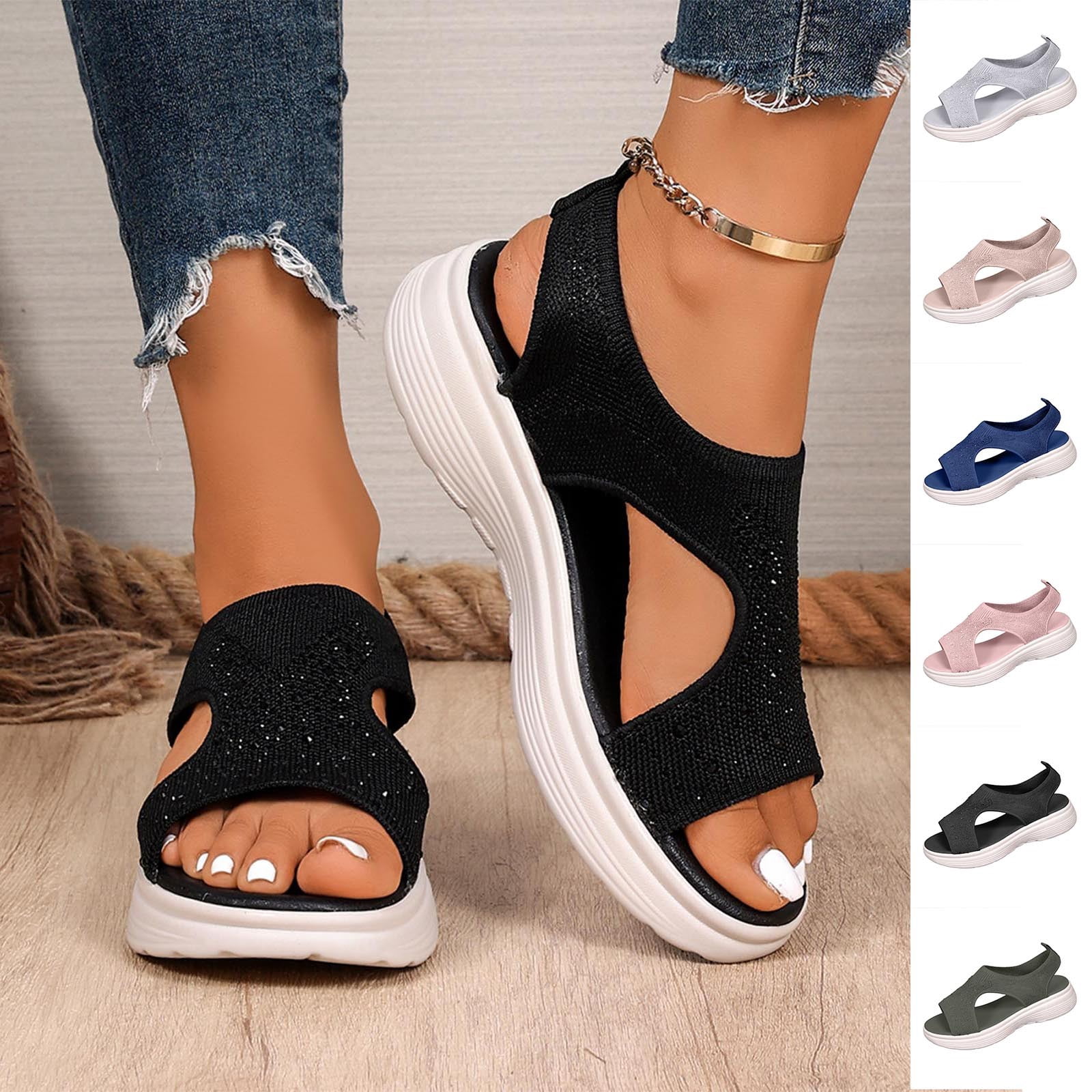 Afuyipoi Women's Mesh Slingback Sandals Breathable Knit Round Toe Thick ...