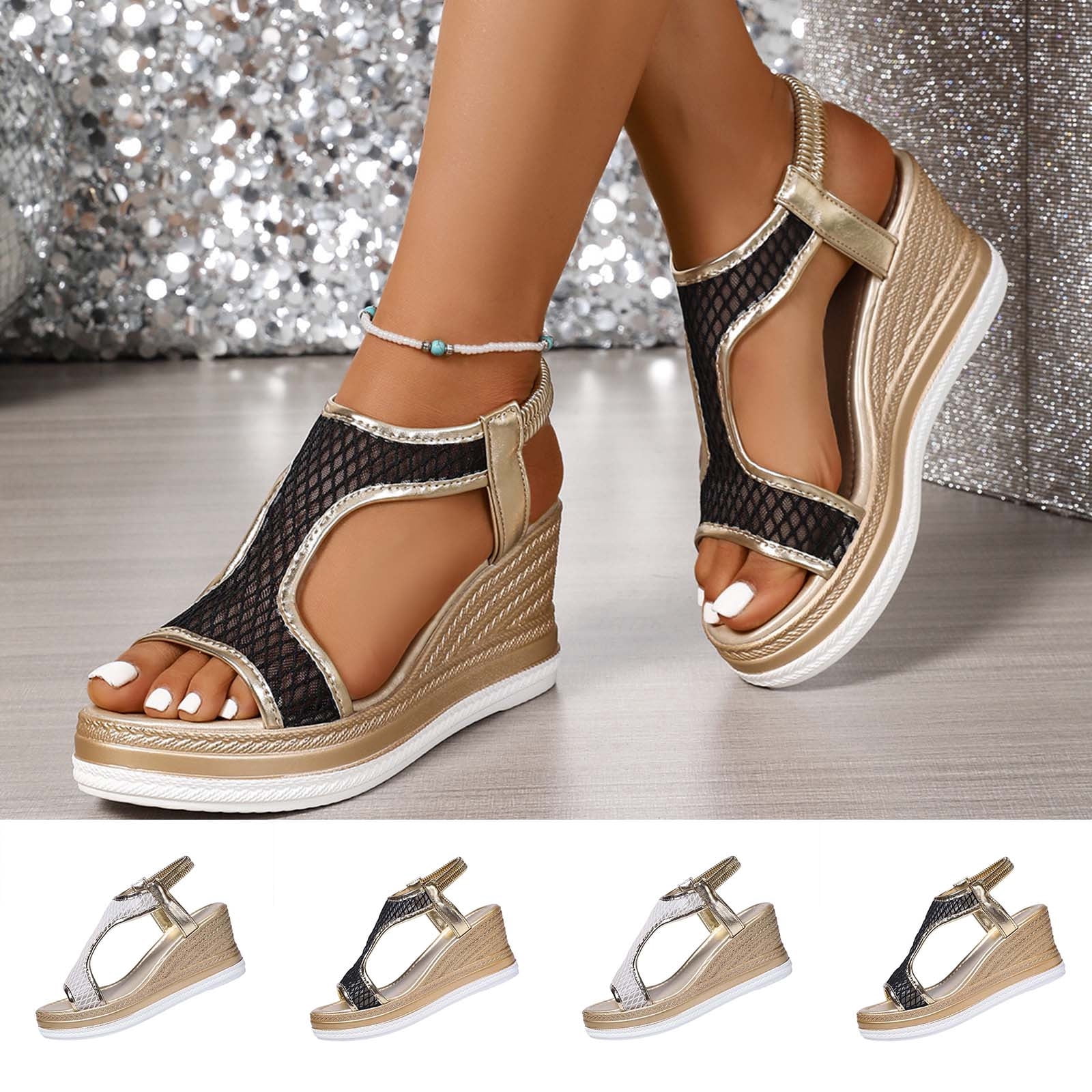 Afuyipoi Women's Mesh Wedge Sandals Elastic Ankle Strap Open Toe Summer ...