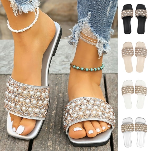 Afuyipoi Women's Pearl Rhinestone Flat Sandals Round Toe Summer Beach ...