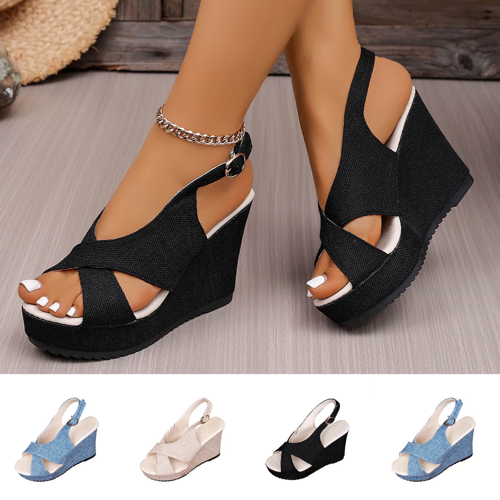 Afuyipoi Women's Peep Toe Wedge Sandals Buckle Strap Plus Size ...