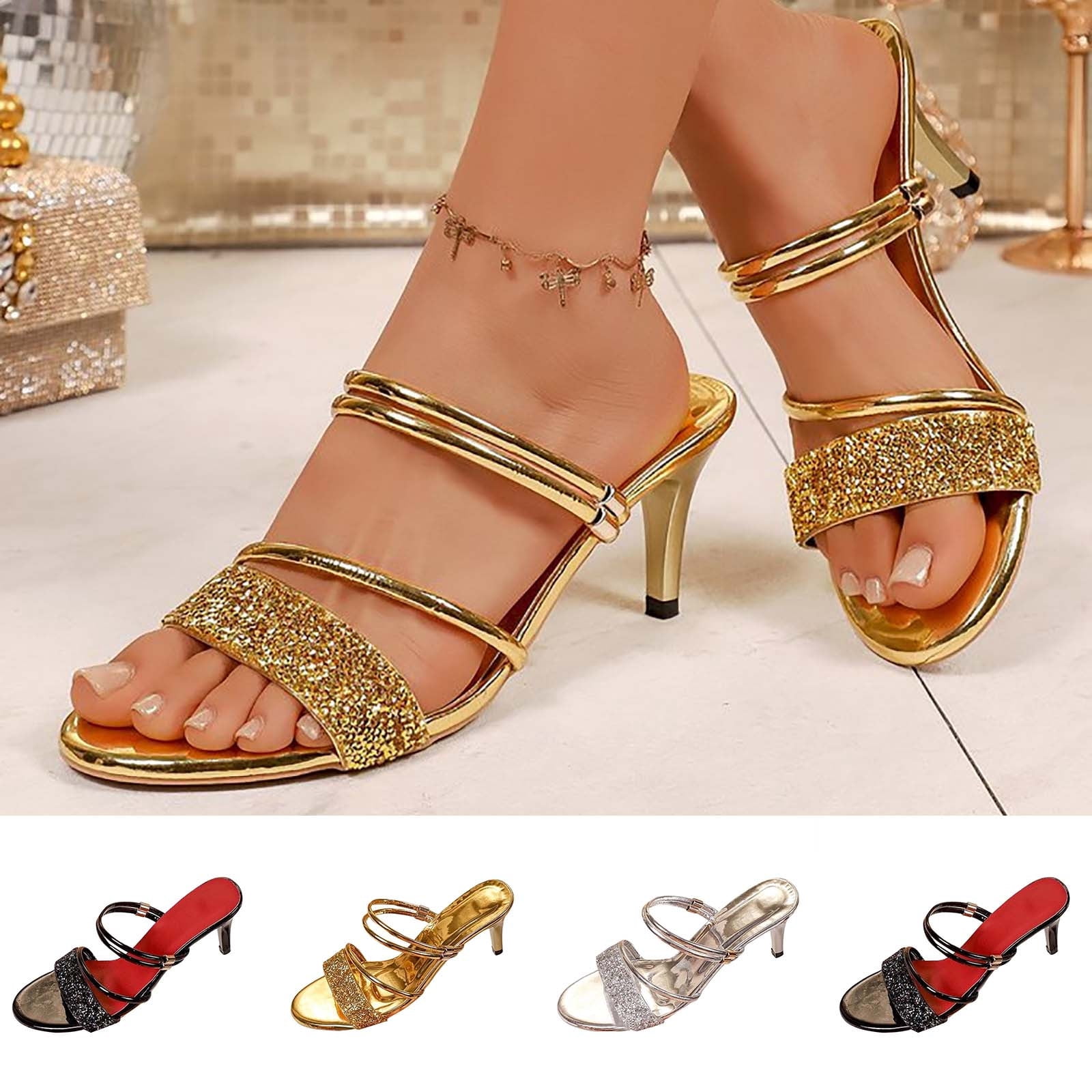 Afuyipoi Women's Rhinestone Low Heel Sandals Sequin Plus Size ...