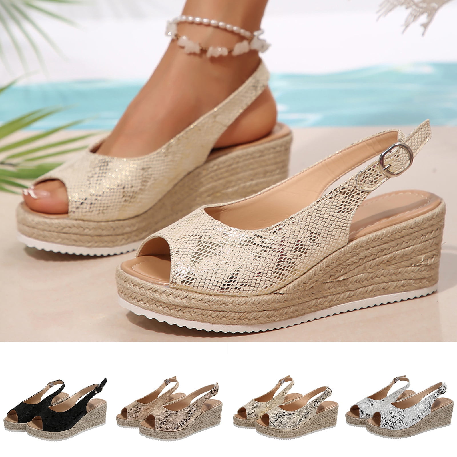 Afuyipoi Women's Snake Print Wedge Sandals Plus Size Comfortable Summer ...