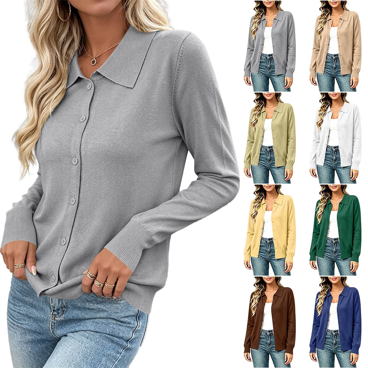 Afuyipoi Women's Solid Color Knitted Lapel Button Long Sleeve Cardigan ...