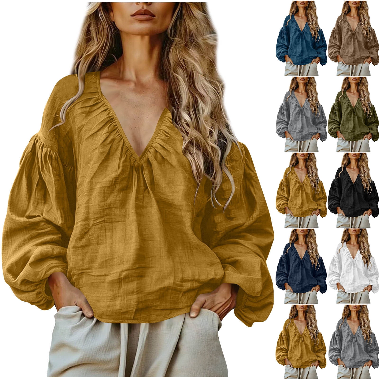 Afuyipoi Women's Solid Color V-Neck Pleated Elastic Long Sleeve Casual ...