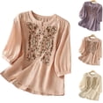 Afuyipoi Women's Vintage Cotton Linen Embroidered Blouse, Casual Short ...