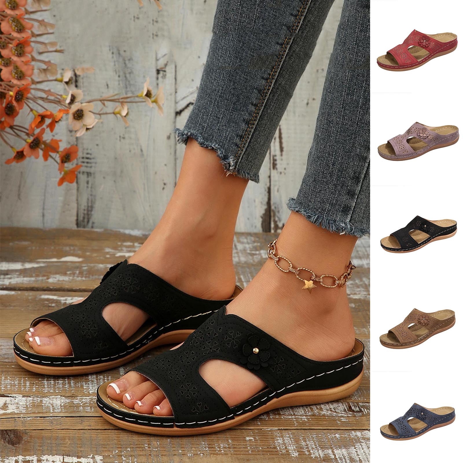 Afuyipoi Women's Wedge Sandals Casual Summer Floral Cutout Slide Beach ...