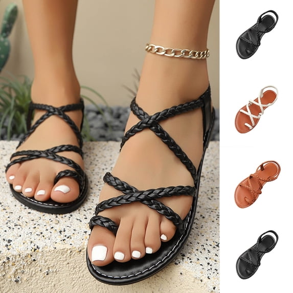 Afuyipoi Women's Woven Strap Sandals Wraparound Plus Size Comfortable ...