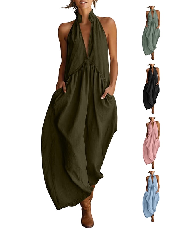Afuyipoi Womens Cotton Linen Halter Neck Backless Maxi Dress With ...