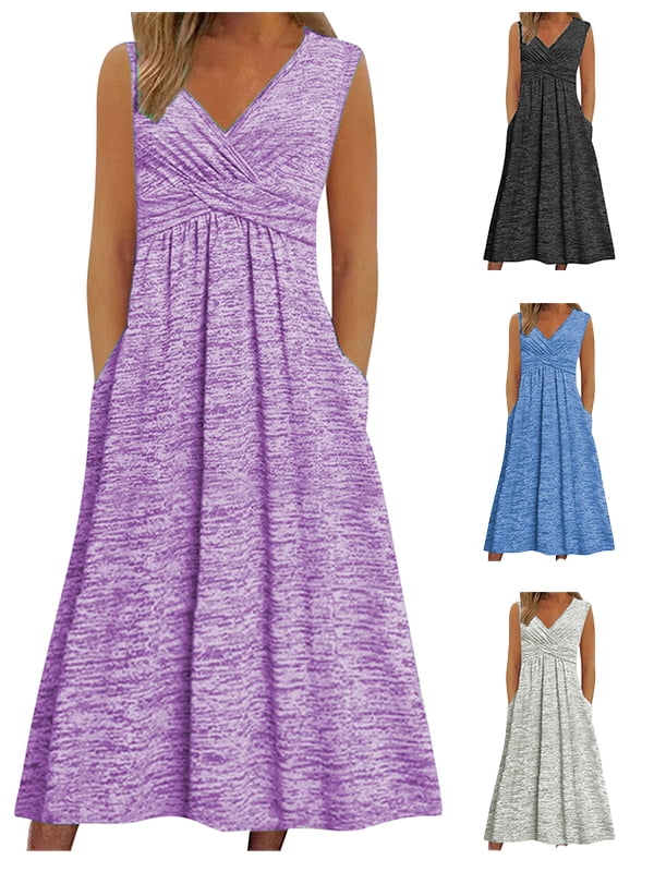 Afuyipoi Womens Plus Size Sleeveless V-Neck Printed Casual Maxi Dress ...