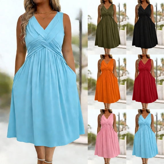 Afuyipoi Womens Plus Size Sleeveless V-Neck Solid Color Casual Midi ...