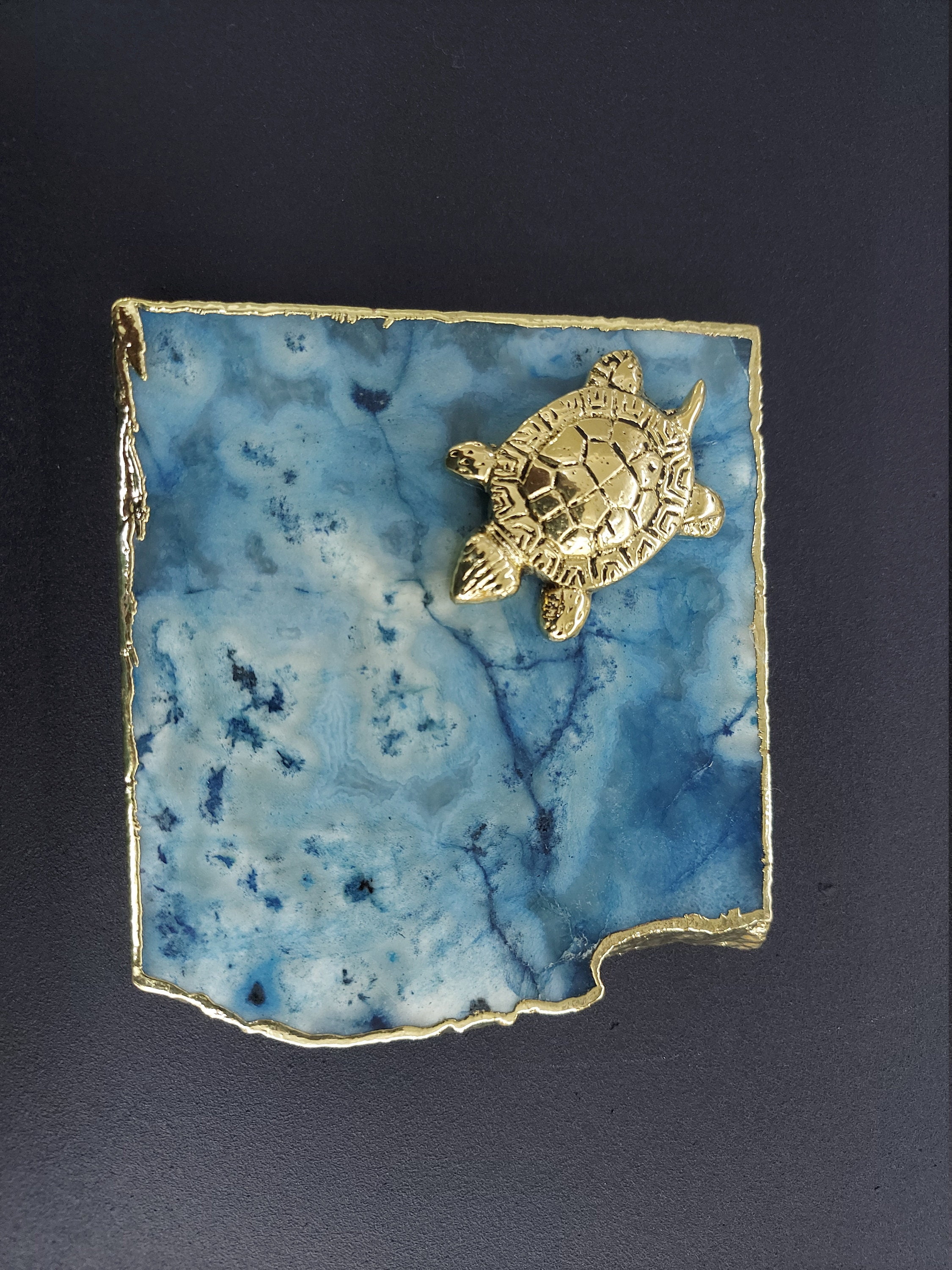 Agate Plate with Gold Turtle Statue | Crystal Gemstone Tortoise for ...