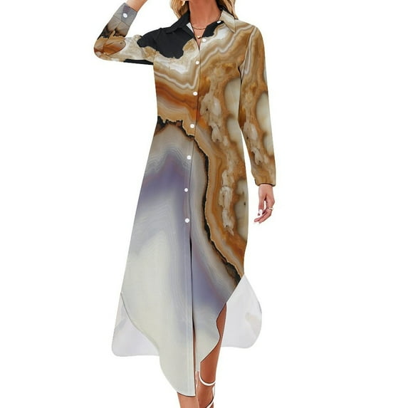 Agate Slice Art Print Shirt Dress Long Sleeve Street Fashion V Neck ...