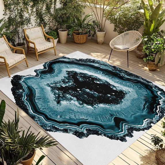 Agate Texture Outdoor Rug, Vintage Blue Gradient Crystal Non-Slip Area ...