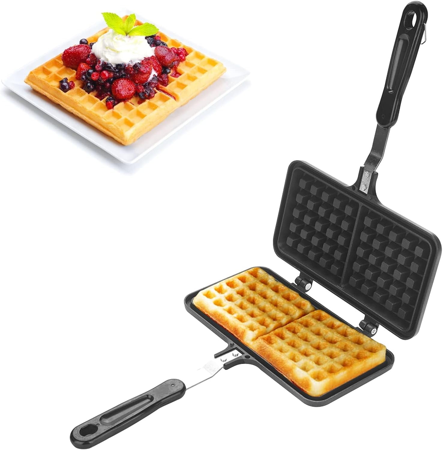 Agatige Stovetop Waffle Maker, Dual Head Non-stick Cast Iron Belgian ...