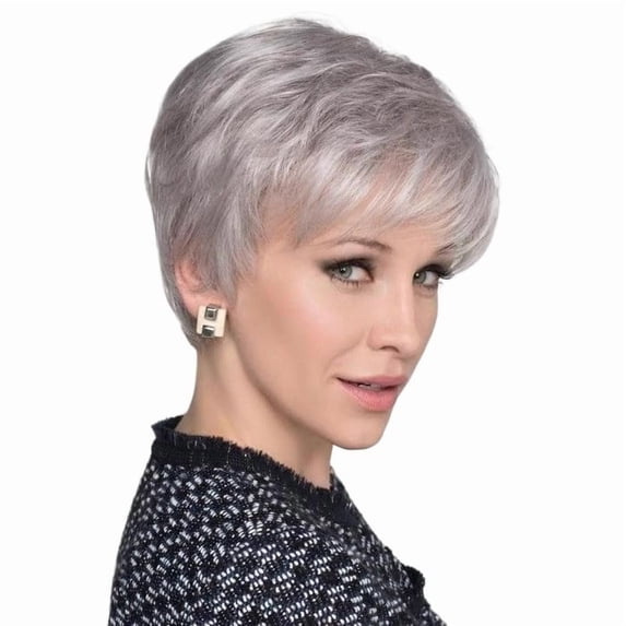 Aged Gray White Short Curly Wig for Seniors High Temp Silk Side Parted ...