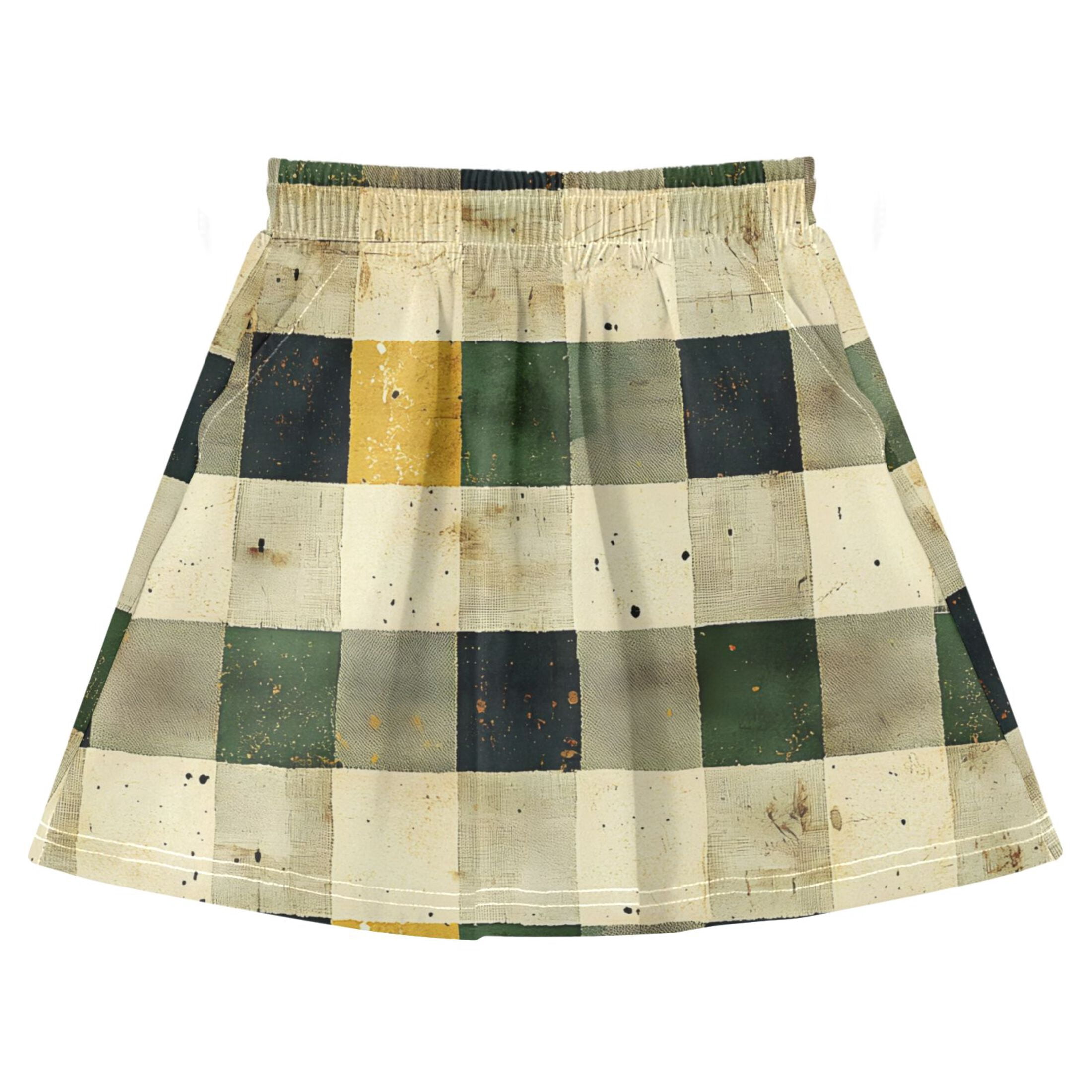 Aged Green Check Pattern Cotton Skirt Built-in Liner Elastic A-Line ...