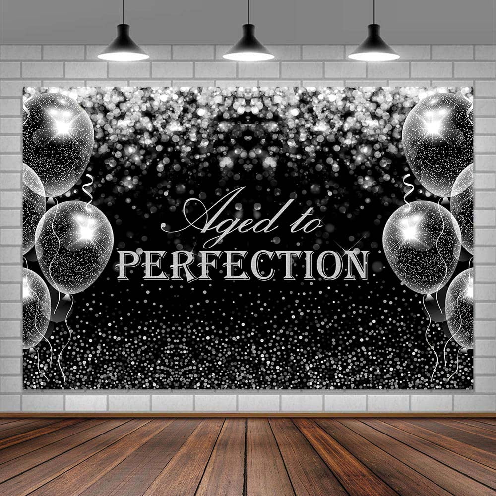 Aged to Birthday Perfection Backdrop Black and Sliver Glitter Photo ...