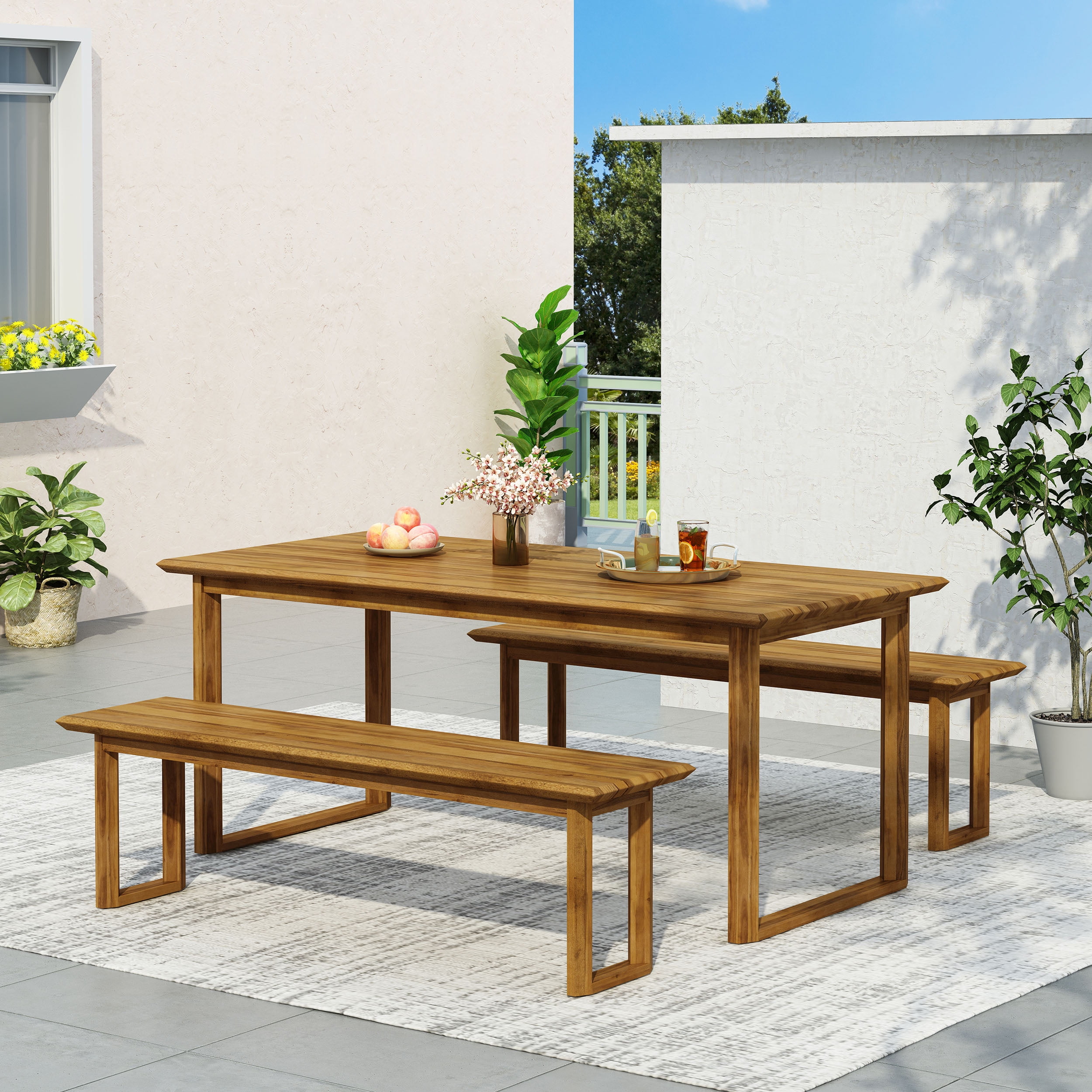 Aggie Acacia Wood Outdoor 3 Piece Picnic Dining Set, Teak - Walmart.com