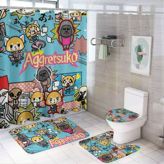 Aggretsuko 4 Pcs Shower Curtain Sets with Rugs, Bath Mat, U Shape And ...