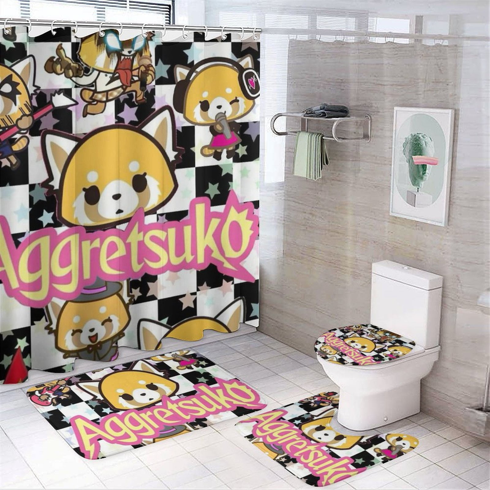 Aggretsuko 4 Pcs Shower Curtain Sets with Rugs, Bath Mat, U Shape And ...