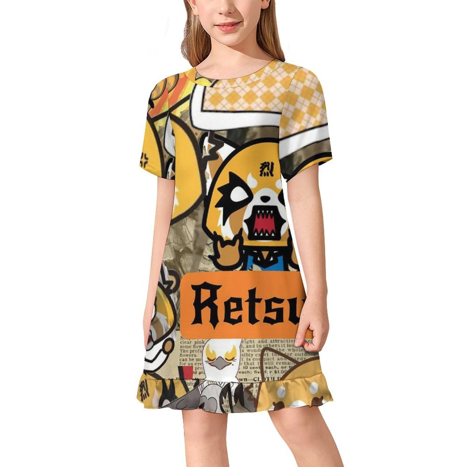 Aggretsuko Girls Short Sleeve Dress A Line Twirly Skater Dress Casual ...