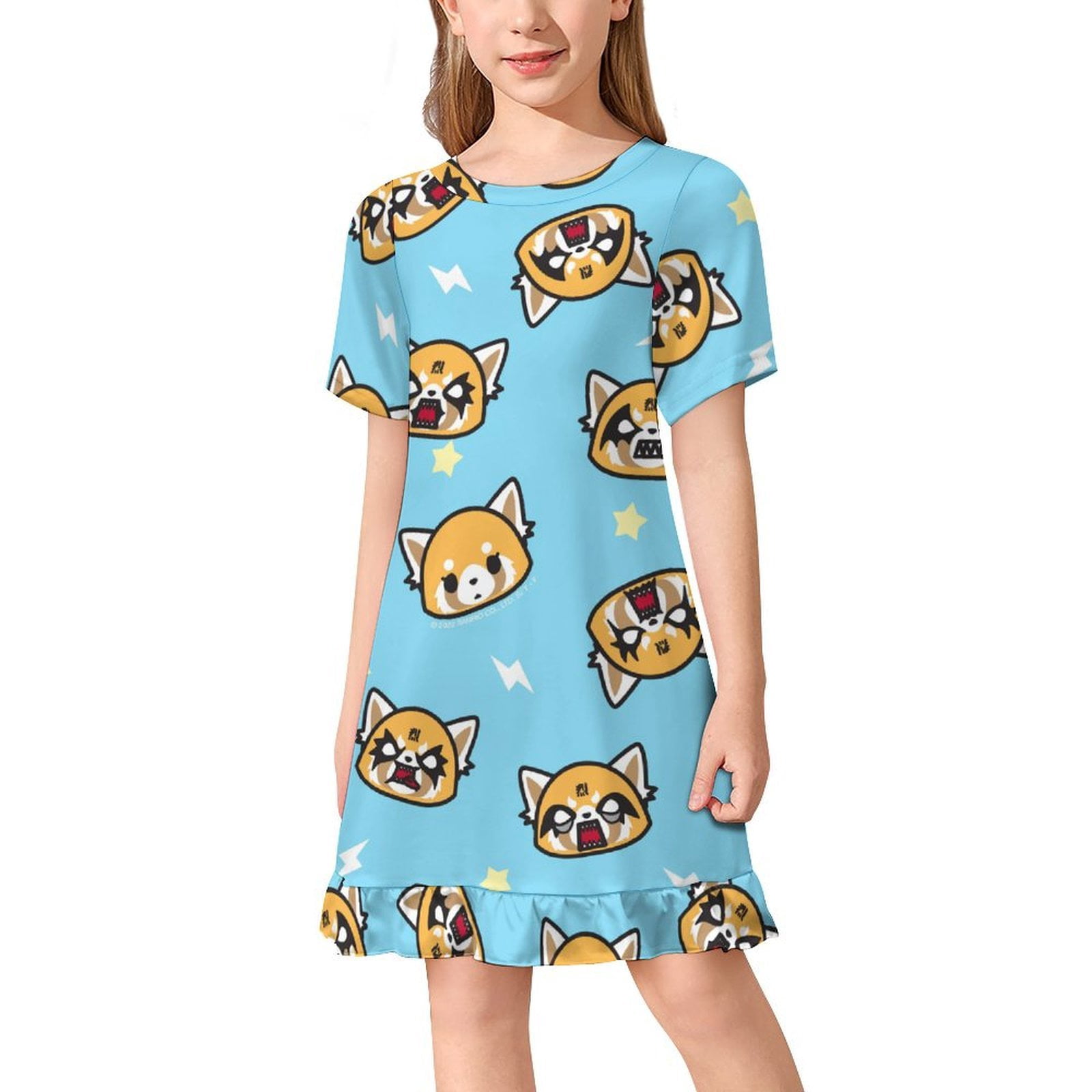 Aggretsuko Girls Short Sleeve Dress A Line Twirly Skater Dress Casual ...
