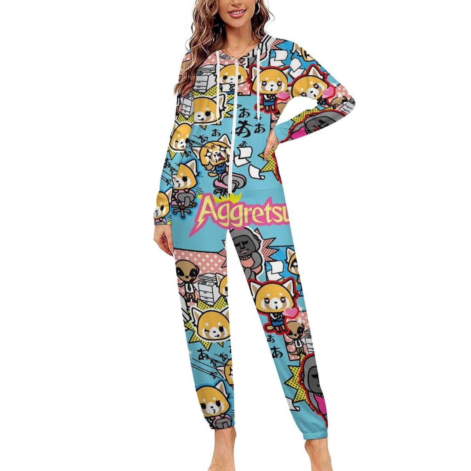 Aggretsuko Unisex Onesie Pajamas Zipper Jumpsuit Hooded One Piece ...
